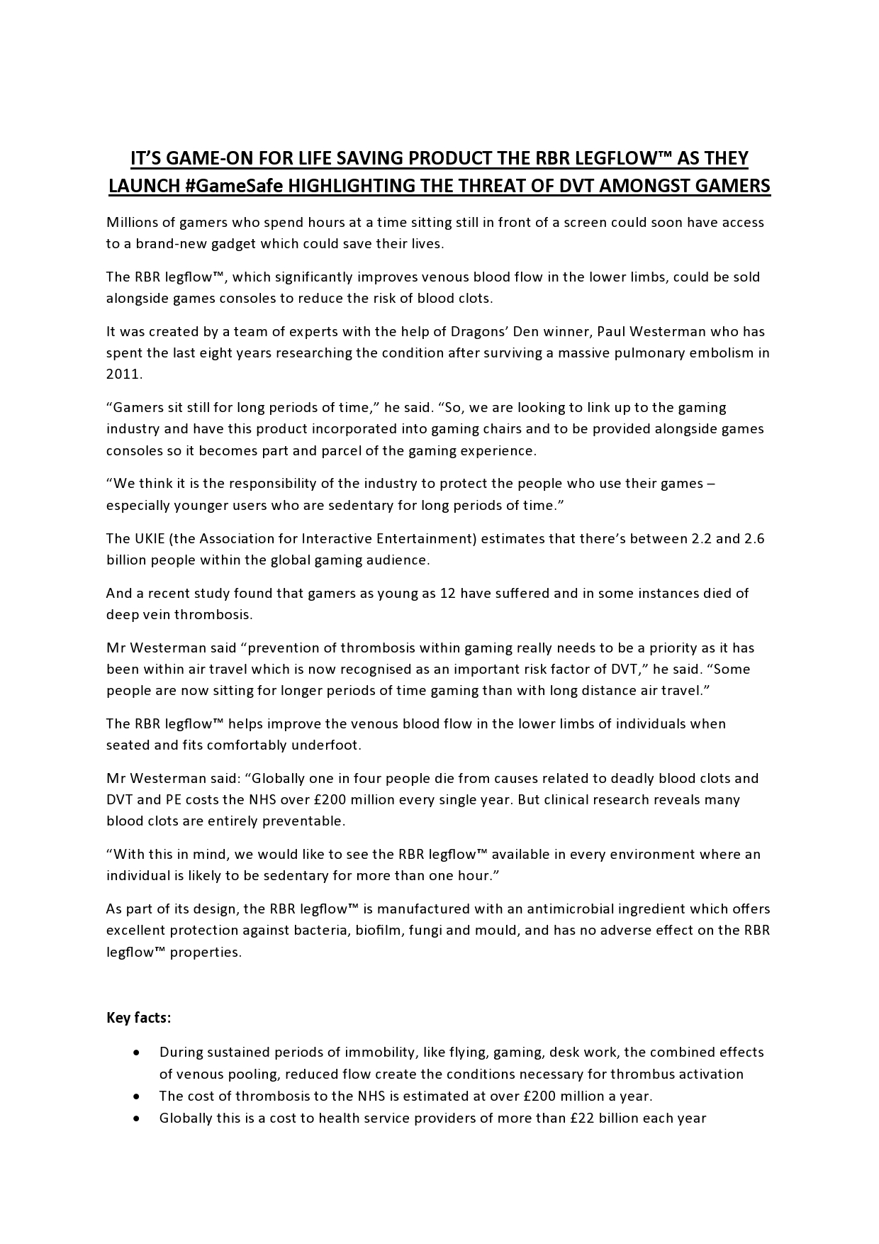 Gaming – press release – RBR Legflow